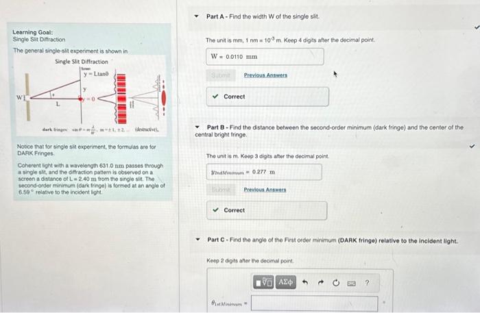 Solved Part A - Find the width W of the single shit. | Chegg.com