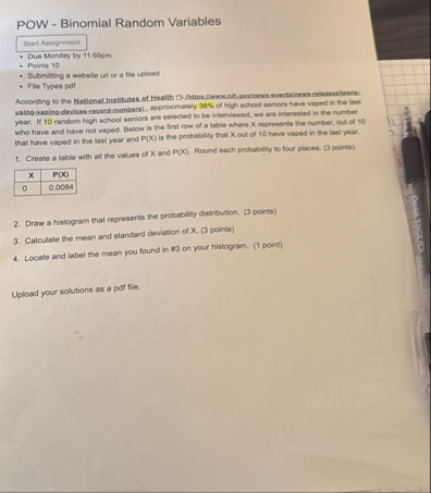 Solved • ﻿POW - ﻿Binomial Random VariablesStart | Chegg.com