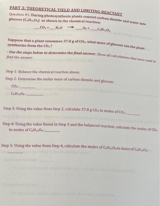 Solved PART 3: THEORETICAL YIELD AND LIMITING REACTANT | Chegg.com