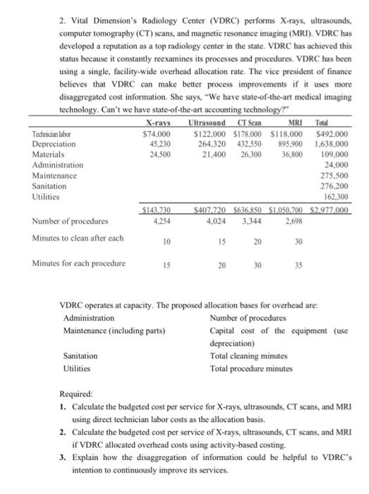 Solved 2. Vital Dimension's Radiology Center (VDRC) performs | Chegg.com