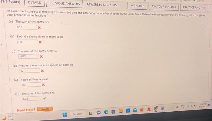 Solved An experiment consists of throwing two six-sided dice | Chegg.com