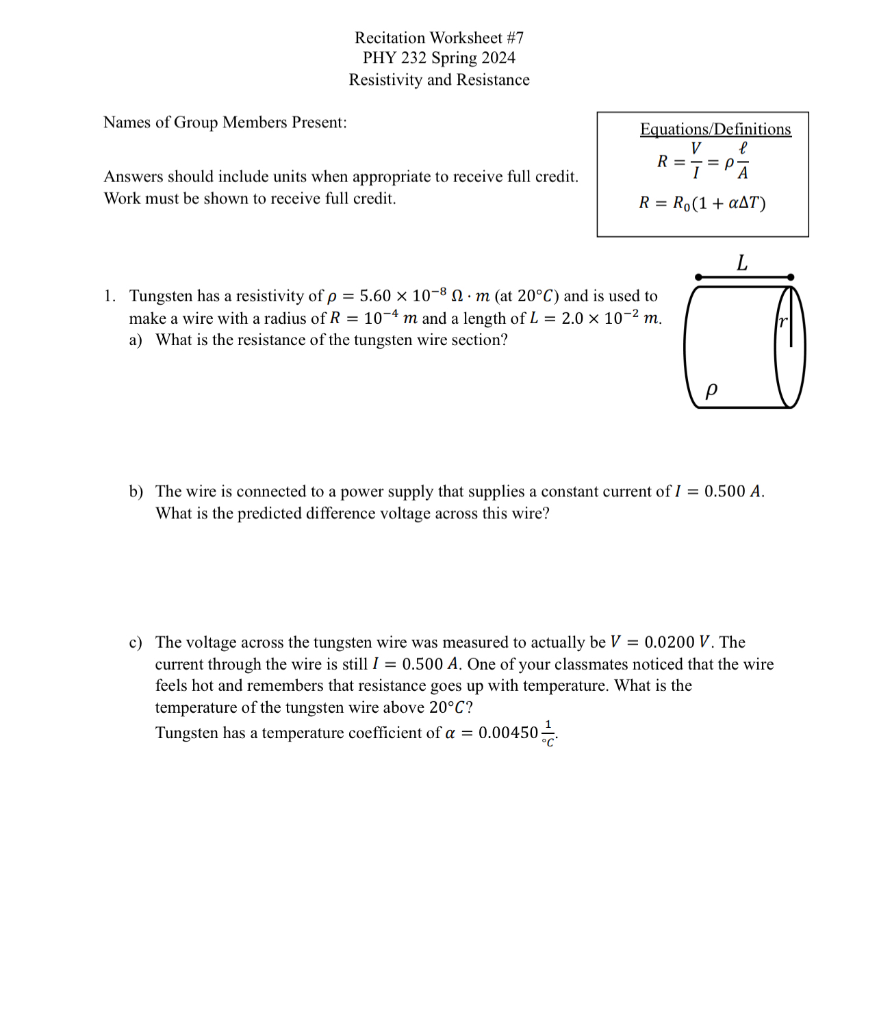 Solved Recitation Worksheet #7PHY 232 ﻿Spring | Chegg.com