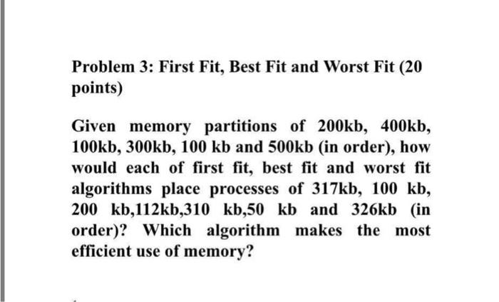Solved Problem 3: First Fit, Best Fit and Worst Fit (20 | Chegg.com