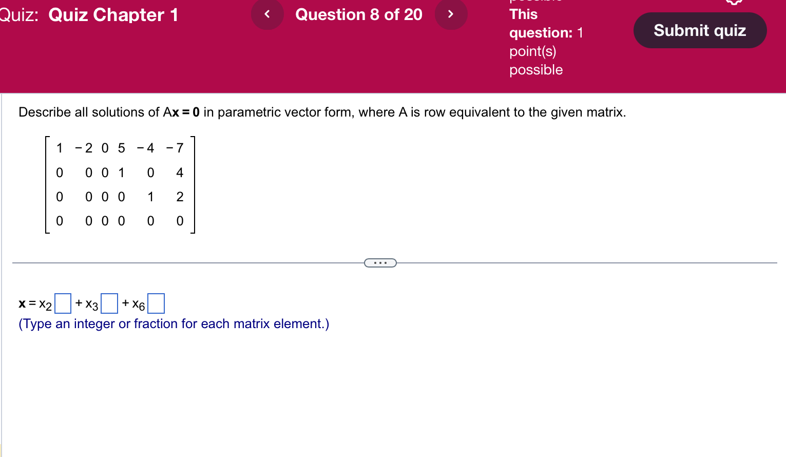 Solved Describe all solutions of Ax=0 ﻿in parametric vector | Chegg.com