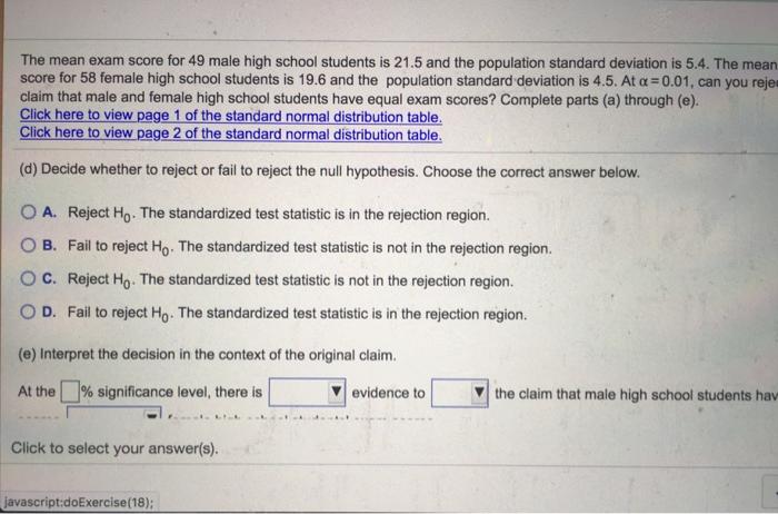 Solved The mean exam score for 49 male high school students | Chegg.com