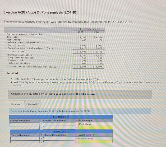 Solved Exercise 4-28 (Algo) DuPont analysis [LO4-10] The | Chegg.com