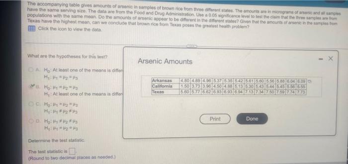 Solved The accompanying table gives amounts of arsenic in | Chegg.com
