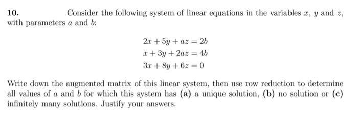 Solved 10. Consider the following system of linear equations | Chegg.com