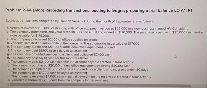 Solved Problem 2-4A (Algo) Recording transactions; posting | Chegg.com