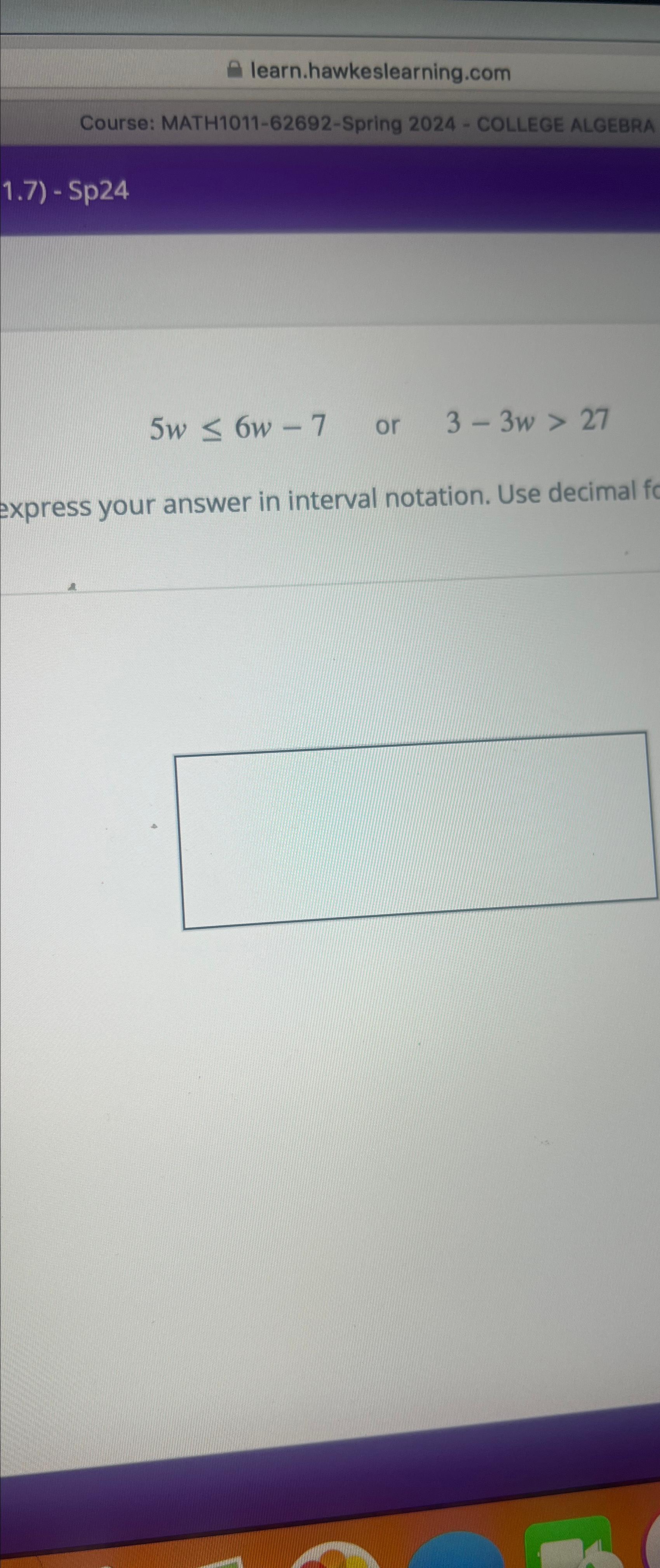 Solved learn.hawkeslearning.comCourse: MATH1011-62692-Spring | Chegg.com