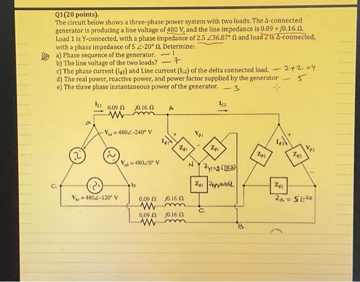 Solved Q1(20 points). The circuit below shows a three-phase | Chegg.com