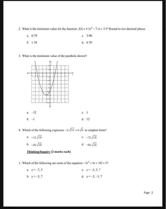 Solved MCF3M/MCR3U1-JA/JB BALC Test 3 Chapter 3 Quadratic | Chegg.com