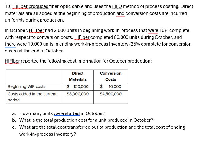 Solved 10) ﻿HiFiber produces fiber-optic cable and uses the | Chegg.com