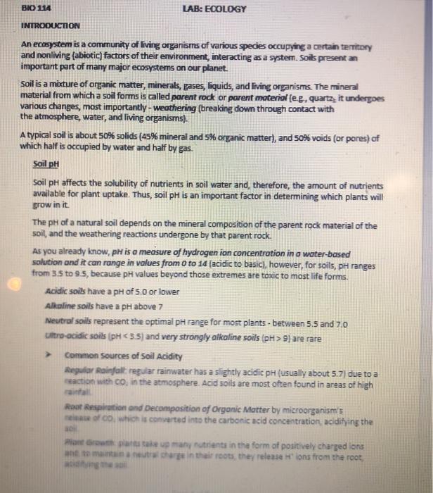 Solved BIO 114 LAB: ECOLOGY INTRODUCTION An ecosystem is a | Chegg.com