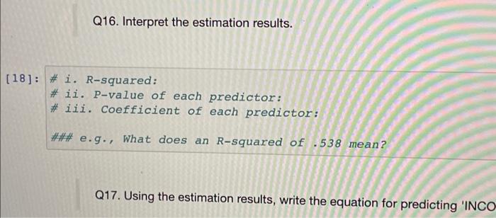 Solved Q16. Interpret the estimation results. [18]: #i. | Chegg.com