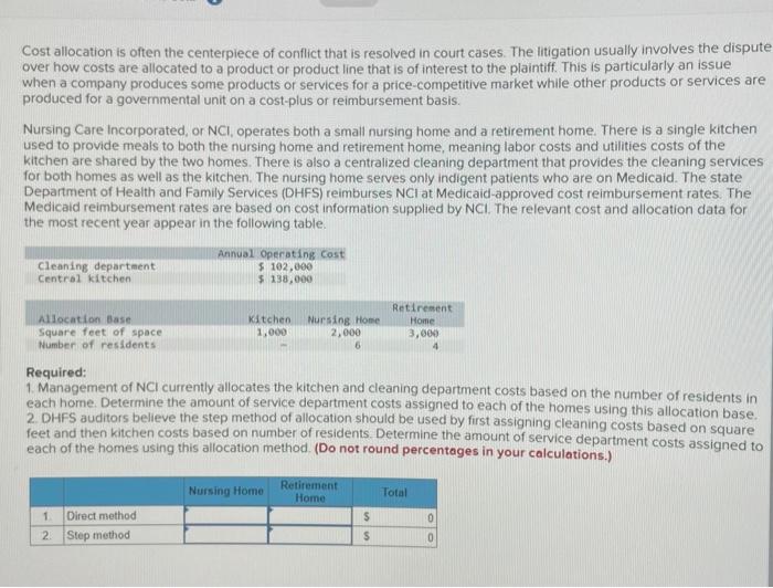 Solved Cost allocation is often the centerpiece of conflict | Chegg.com
