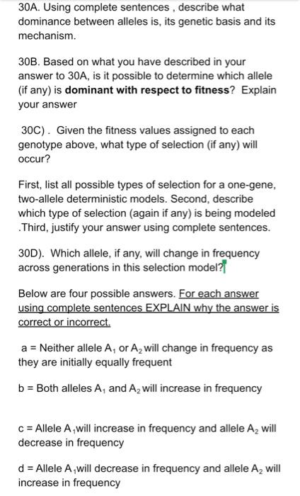 Solved 30. Consider the following one locus, two-allele, | Chegg.com