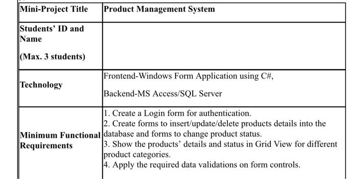 Solved Mini-Project Title Product Management System | Chegg.com