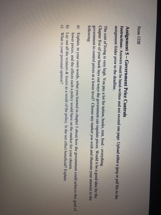 Solved Econ 1220 Assignment 5 - Government Price Controls | Chegg.com