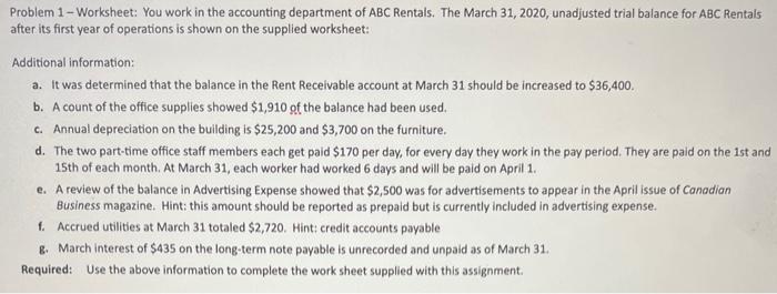 Solved Problem 1 - Worksheet: You work in the accounting | Chegg.com