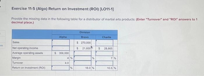 Solved Exercise 11-5 (Algo) Return on Investment (ROI) | Chegg.com Solved Exercise 11-5 (Algo) Return on Investment (ROI) | Chegg.com