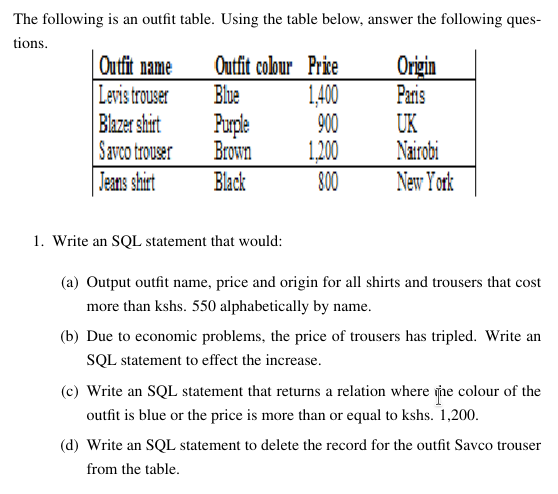 Solved The following is an outfit table. Using the table | Chegg.com