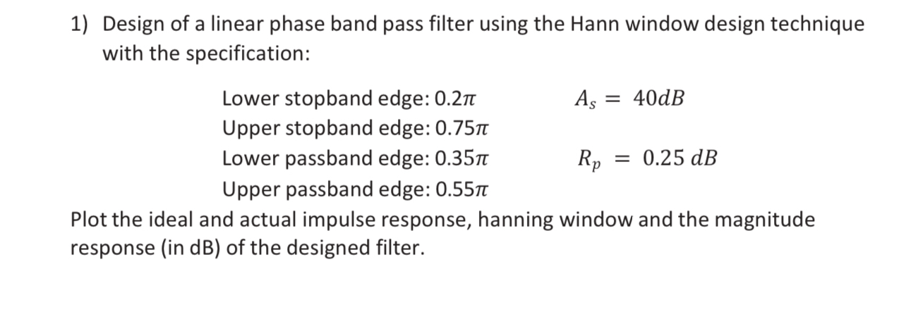 Solved Design of a linear phase band pass filter using the | Chegg.com