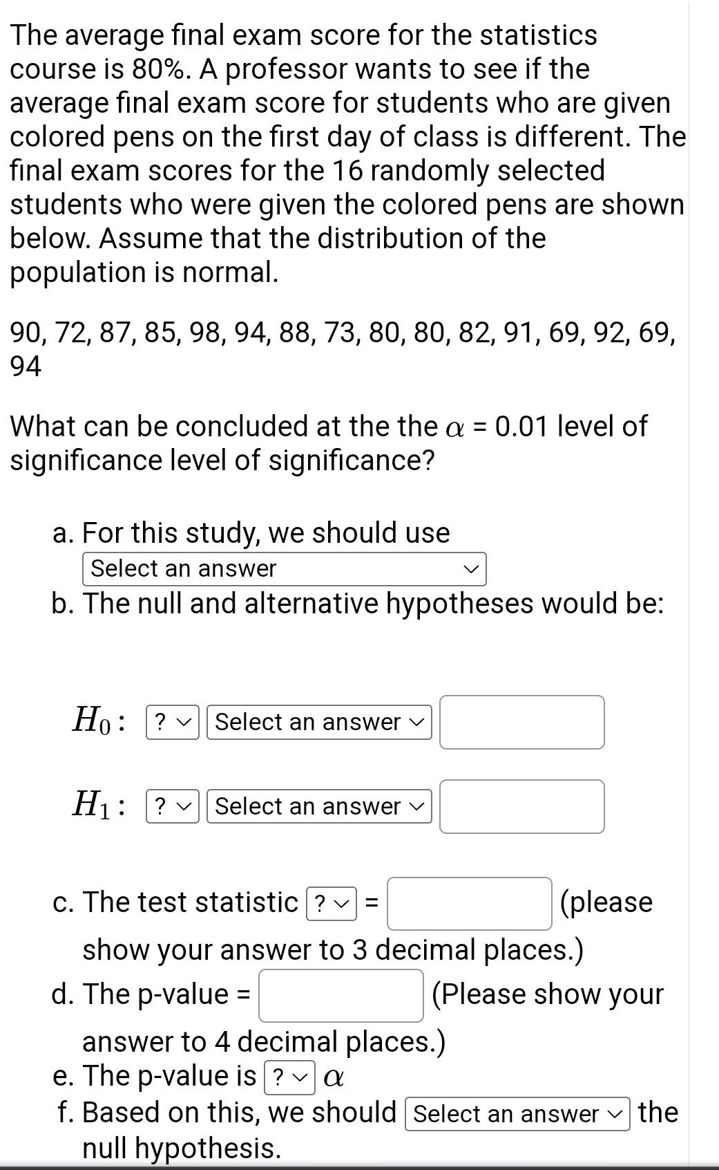 Solved The average final exam score for the statistics | Chegg.com