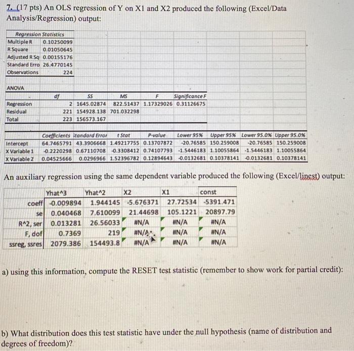 Solved 7. (17 pts) An OLS regression of Y on X1 and X2 | Chegg.com