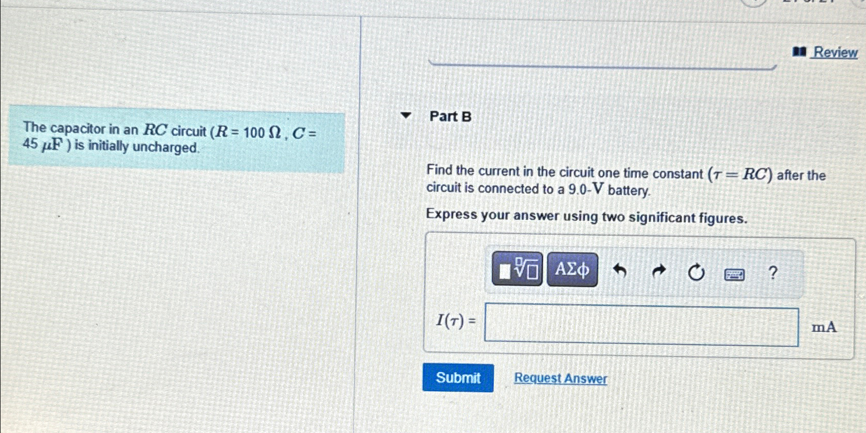 Solved The capacitor in an RC ﻿circuit 45μF ) ﻿is initially | Chegg.com