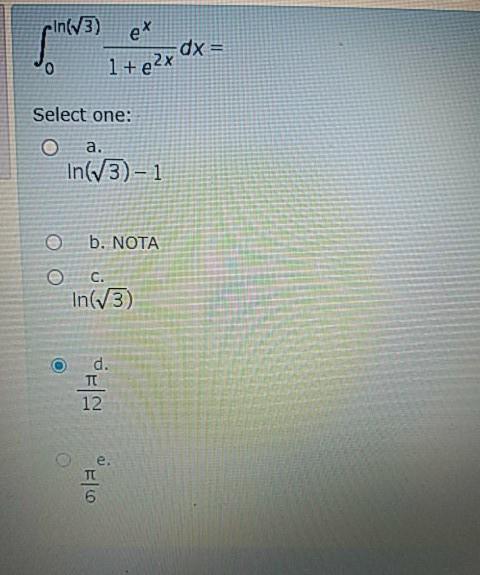 Solved pin(3) ex o dx = 1+ e2x Select one: оа. In(13)-1 b. | Chegg.com Solved pin(3) ex o dx = 1+ e2x Select one: оа. In(13)-1 b. | Chegg.com