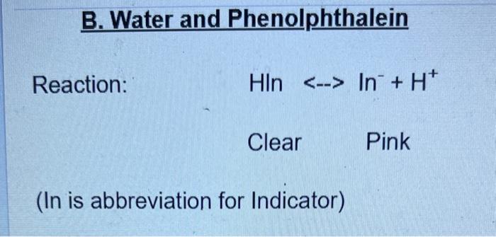 Solved B. Water and Phenolphthalein Reaction: HIn In−+H+ | Chegg.com