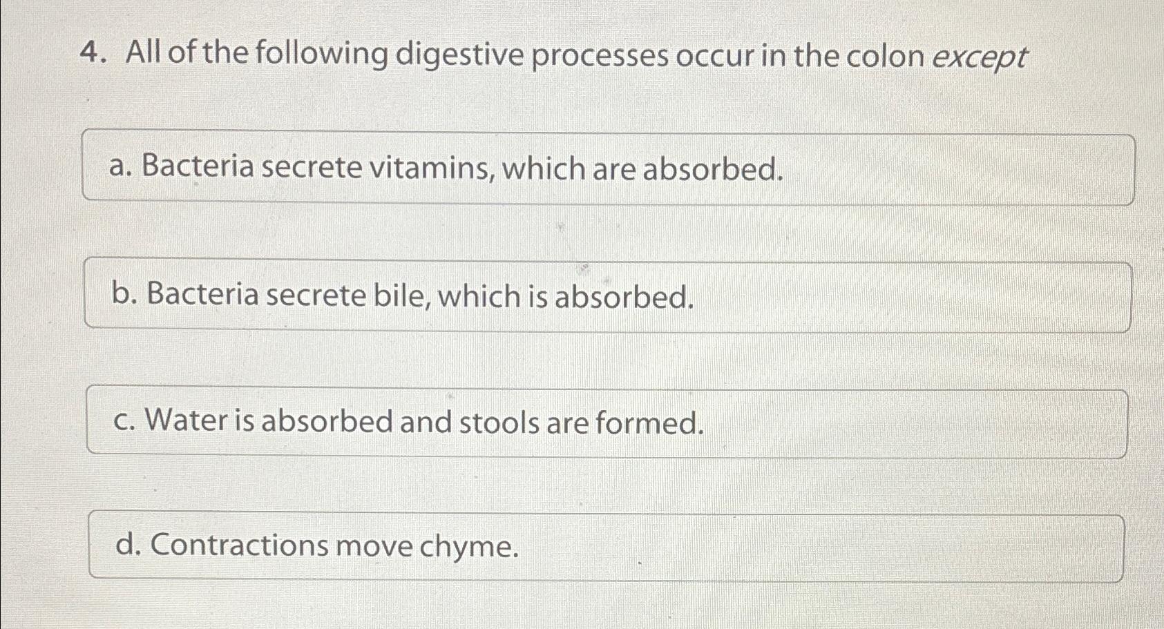 Solved All of the following digestive processes occur in the | Chegg.com