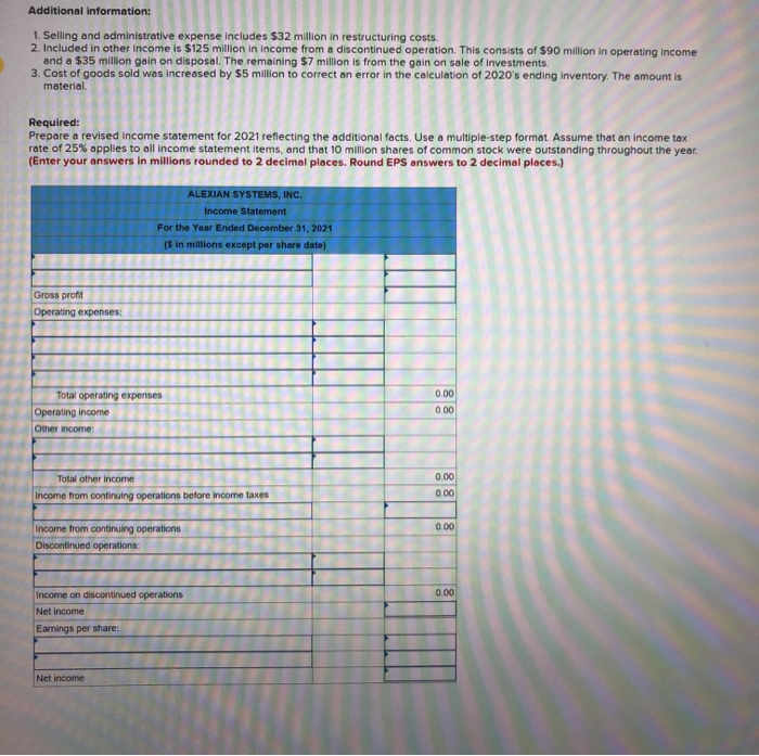 Solved The preliminary 2021 income statement of Alexian | Chegg.com