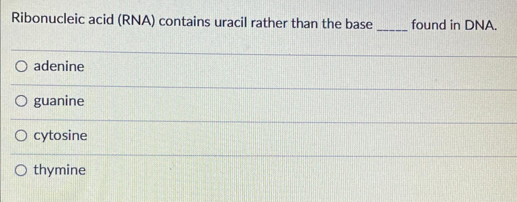 Solved Ribonucleic acid (RNA) ﻿contains uracil rather than | Chegg.com