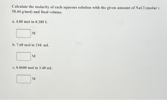 Solved Calculate the molarity of each aqueous solution with | Chegg.com