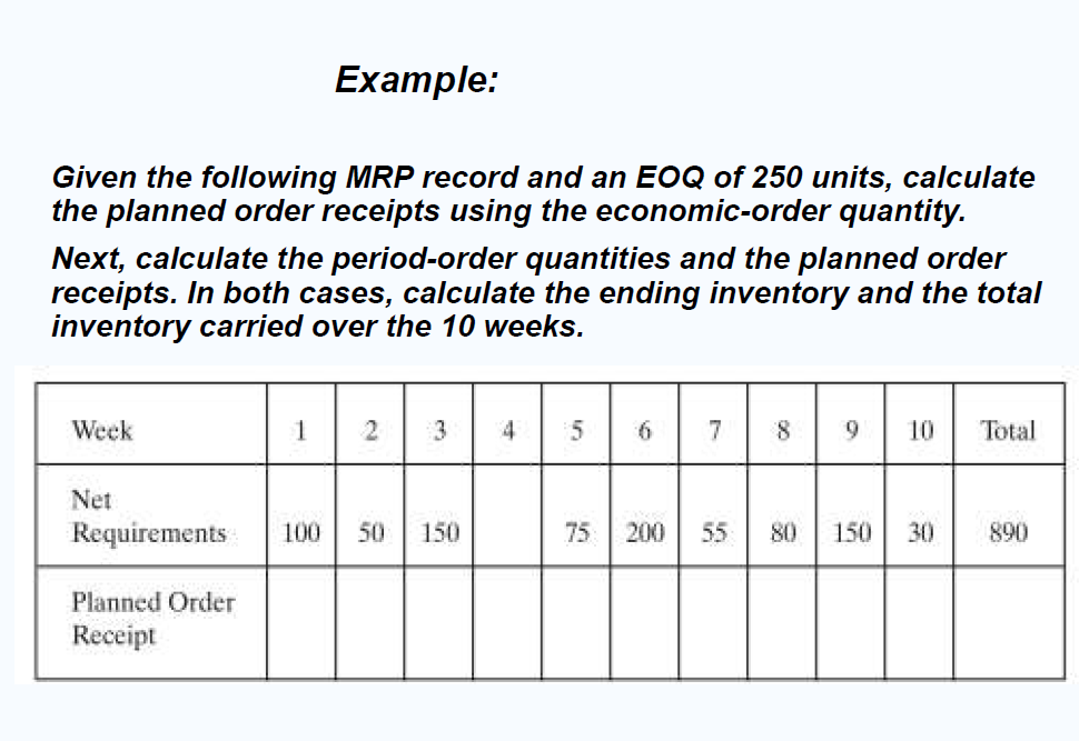 Solved Example:Given the following MRP record and an EOQ of | Chegg.com