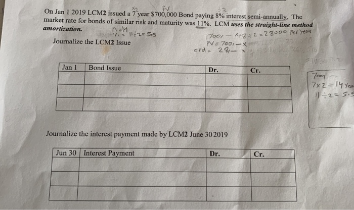 Solved On Jan 1 2019 LCM2 issued a 7 year $700,000 Bond | Chegg.com