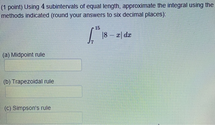 Solved (1 point) Using 4 subintervals of equal length, | Chegg.com
