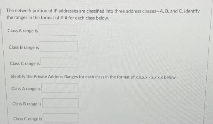 Solved The network portion of IP addresses are classified | Chegg.com