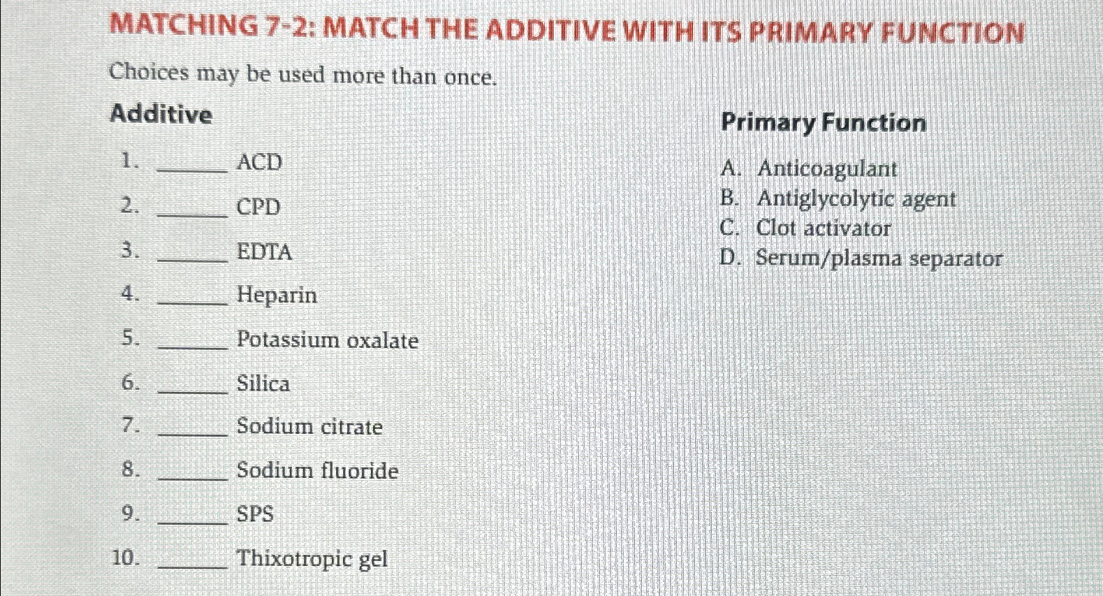 Solved MATCHING 7-2: MATCH THE ADDITIVE WITH ITS PRIMARY | Chegg.com