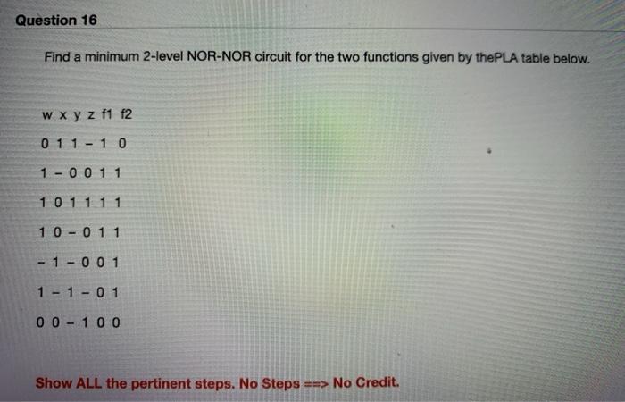 Solved Question 16 Find a minimum 2-level NOR-NOR circuit | Chegg.com