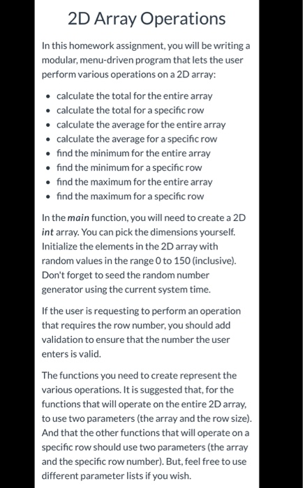 Solved 2d Array Operations In This Homework Assignment You 