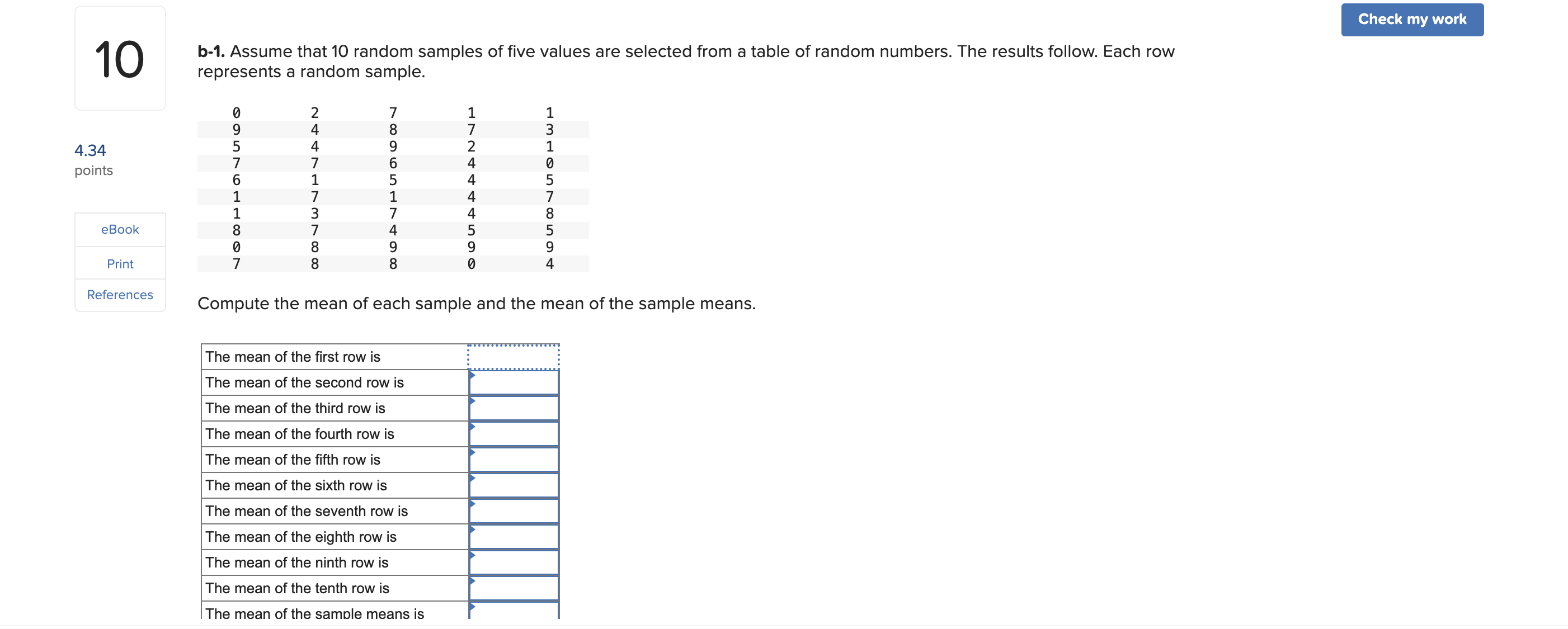Solved b-1. ﻿Assume that 10 ﻿random samples of five values | Chegg.com