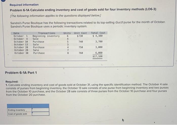 Solved Required information Problem 6-1A Calculate ending | Chegg.com