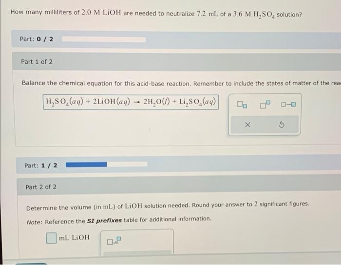 Solved How many milliliters of 2.0MLiOH are needed to | Chegg.com