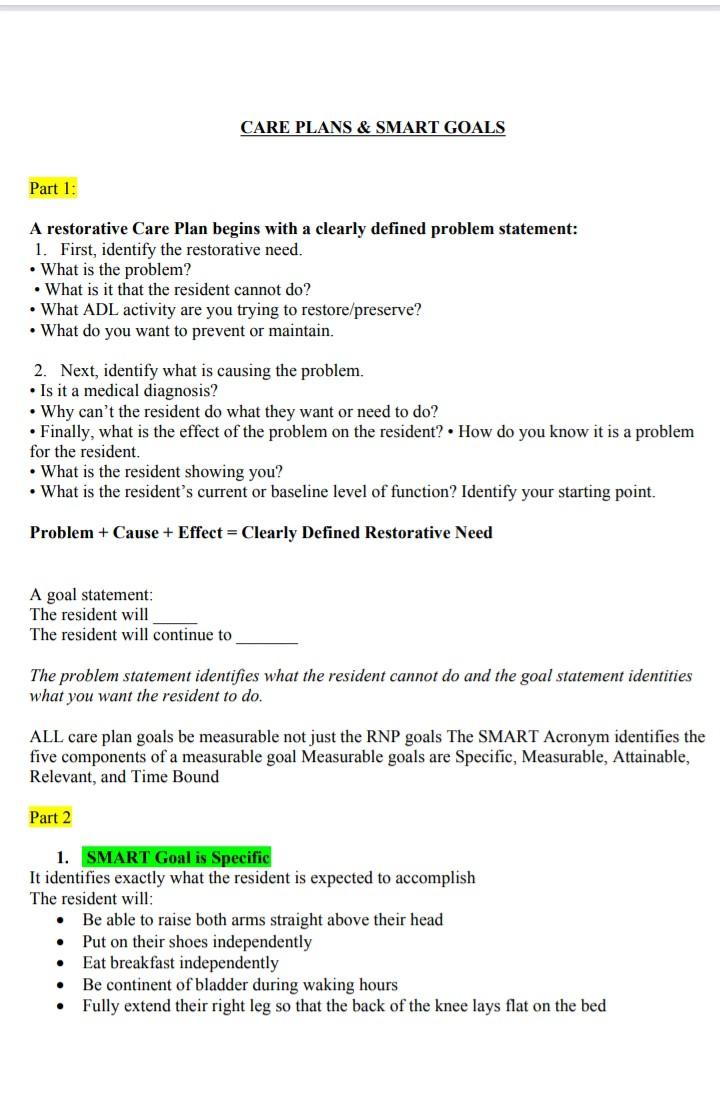 CARE PLANS & SMART GOALS Part 1: A restorative Care | Chegg.com