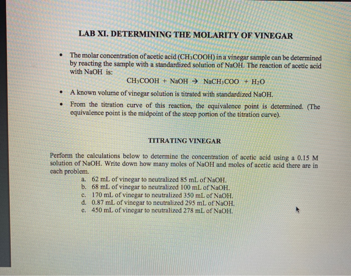 Solved LAB XI. DETERMINING THE MOLARITY OF VINEGAR • The | Chegg.com
