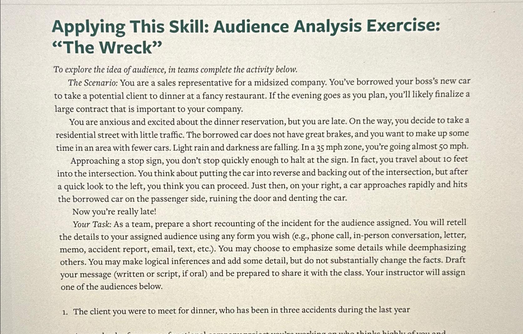 Solved •Applying This Skill: Audience Analysis Exercise: | Chegg.com