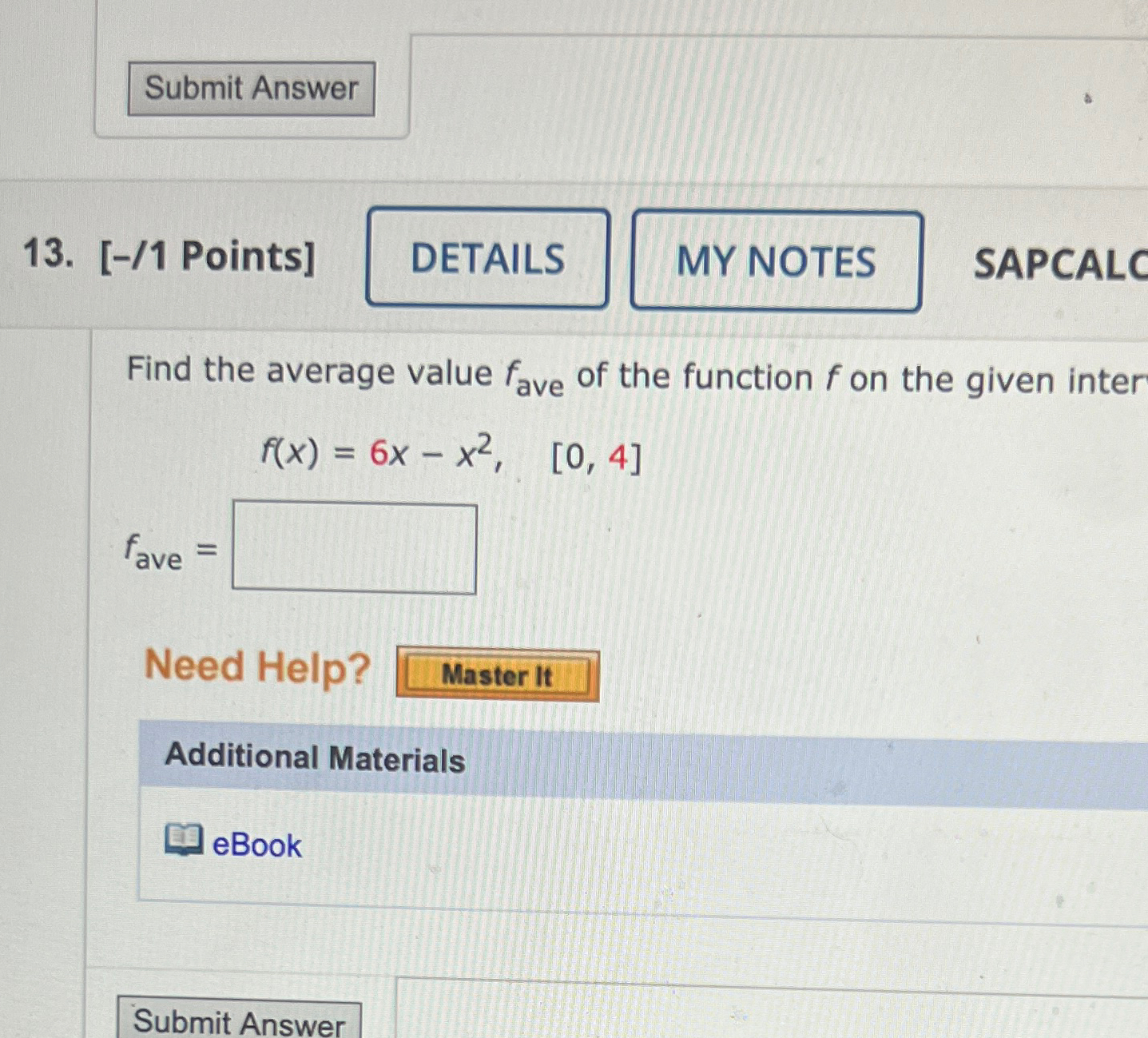 Solved [-/1 ﻿Points]SAPCALCFind the average value fave ﻿of | Chegg.com